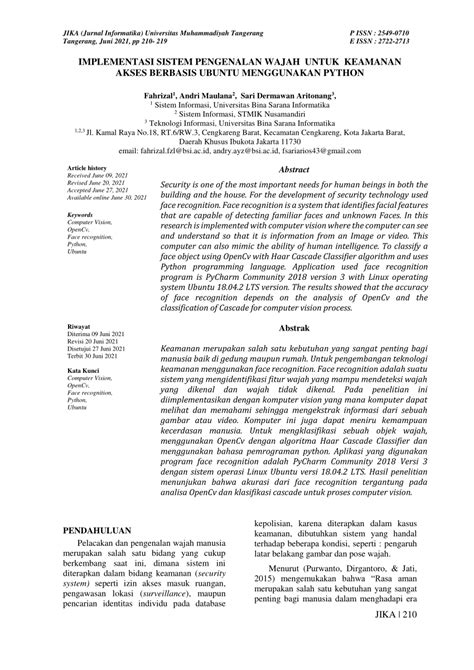 PDF IMPLEMENTASI SISTEM PENGENALAN WAJAH UNTUK KEAMANAN AKSES