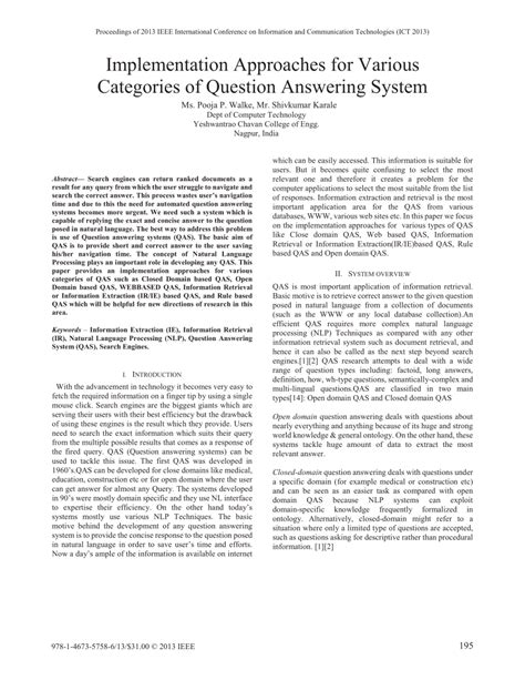 Pdf Implementation Approaches For Various Categories Of Question Answering System