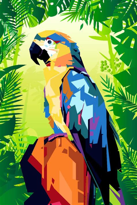 Colorful Macaw In Jungle Scene Vector Geometric 9x12 Wall Art Print