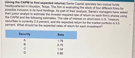 Solved Using The Capm To Find Expected Returns Sante