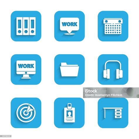 문서 폴더 식별 배지 사무실 책상 헤드폰 대상 스포츠 텍스트 작업이있는 모니터 캘린더 및 폴더 아이콘을 설정합니다 벡터 Brand Name Online Messaging