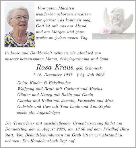 Traueranzeigen Von Rosa Kraus Trauerundgedenken De