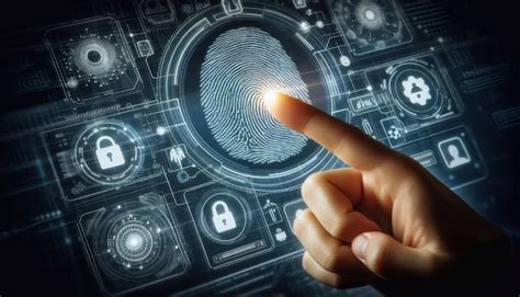 Fingertip Touching A Glowing Fingerprint Scan On A Virtual Screen With Security Icons Concept