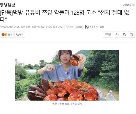 먹방 유튜버 쯔양 악플러 128명 고소 선처 절대 없다 포텐 터짐 최신순 에펨코리아
