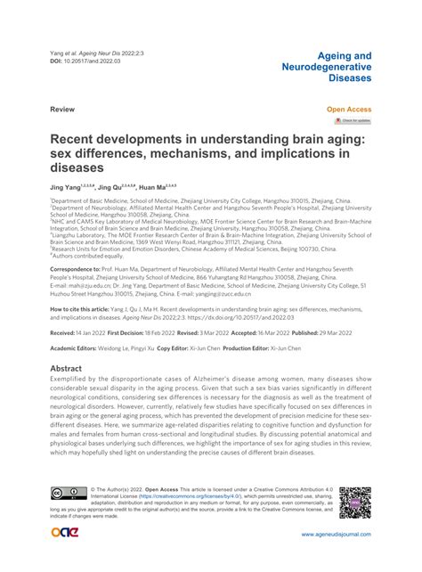 PDF Recent Developments In Understanding Brain Aging Sex Differences Mechanisms And