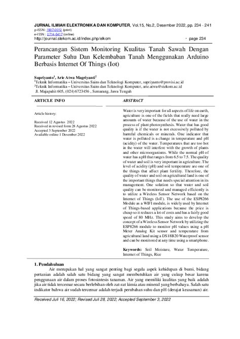 Pdf Perancangan Sistem Monitoring Kualitas Tanah Sawah Dengan Parameter Suhu Dan Kelembaban