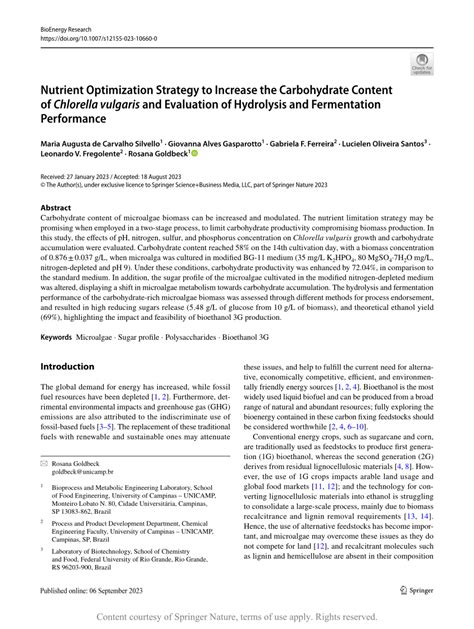 Nutrient Optimization Strategy To Increase The Carbohydrate Content Of Chlorella Vulgaris And