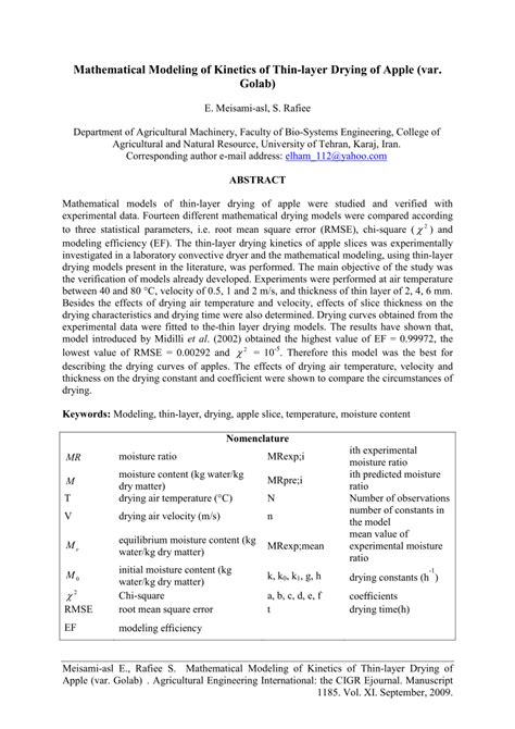 Pdf Mathematical Modeling Of Kinetics Of Thin Layer Drying Of Apple Var Golab