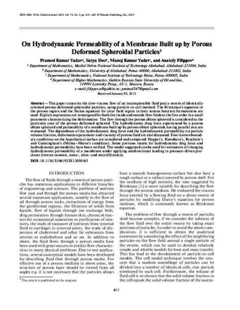 Pdf On Hydrodynamic Permeability Of A Membrane Built Up By Porous Deformed Spheroidal Particles