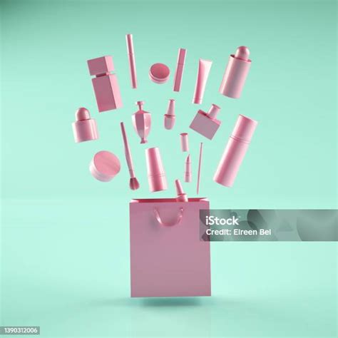 화장품 병이있는 분홍색 선물 종이 봉지 밝은 민트 배경에 립스틱 튜브의 컬러 3d 렌더링 일러스트레이션 선물 패키지 프리젠