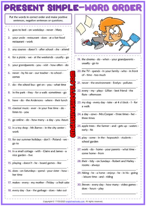 Present Simple Tense Esl Word Order Exercise Worksheet Word Order Simple Present Tense