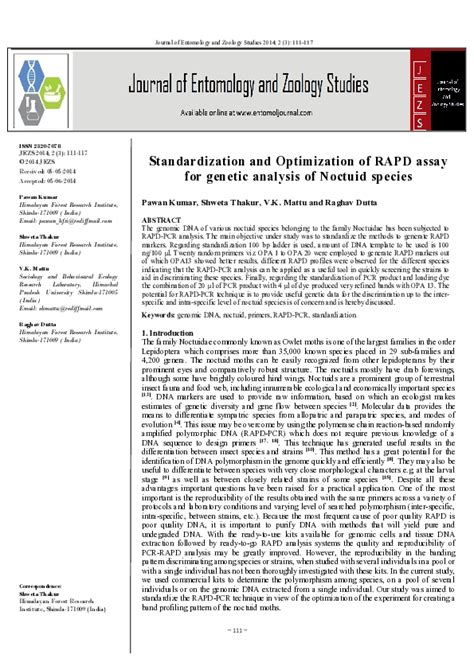 Pdf Standardization And Optimization Of Rapd Assay For Genetic Analysis Of Noctuid Species