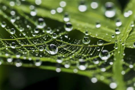 Cobweb Spider Web With Drops Of Water After Rain In Forest On Fresh Green Background Stock