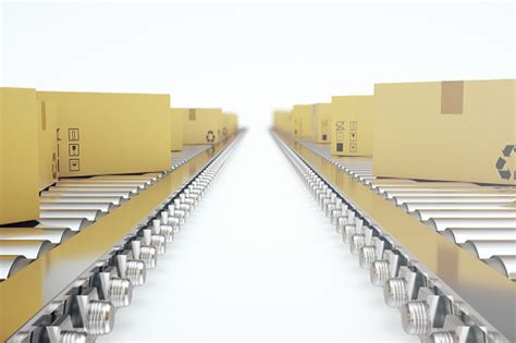 배달 포장 서비스 및 소포 운송 시스템 개념 컨베이어 벨트 3d 렌더링에 골 판지 상자 패키지 갈색에 대한 스톡 벡터 아트 및 기타 이미지 Istock