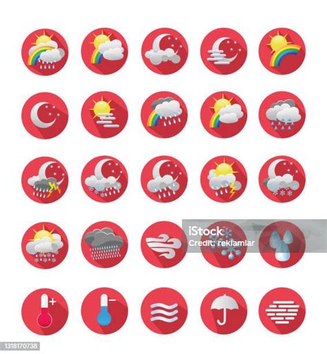 날씨 예보 기상 아이콘 평면 디자인 벡터 아이콘 스톡 일러스트 세트 다채로운 일기 예보 디자인 요소 모바일 애플 리케이션과 위젯에 적합합니다 집합에는 포함됩니다 태양 비