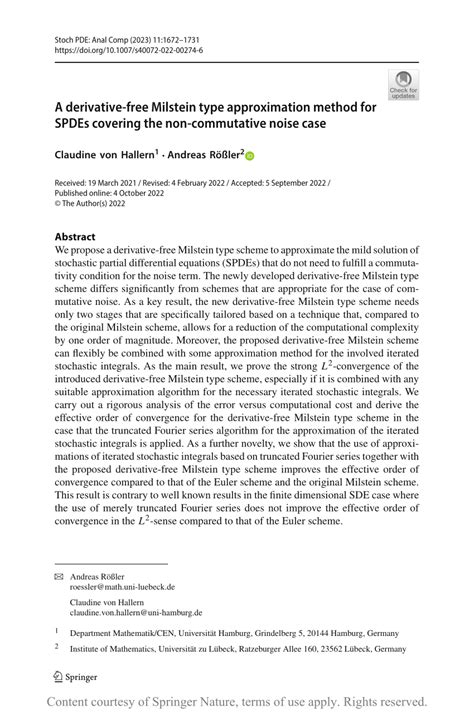 Pdf A Derivative Free Milstein Type Approximation Method For Spdes