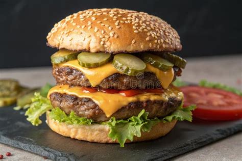 Juicy Double Cheeseburger With Sesame Bun Lettuce Pickles Stock