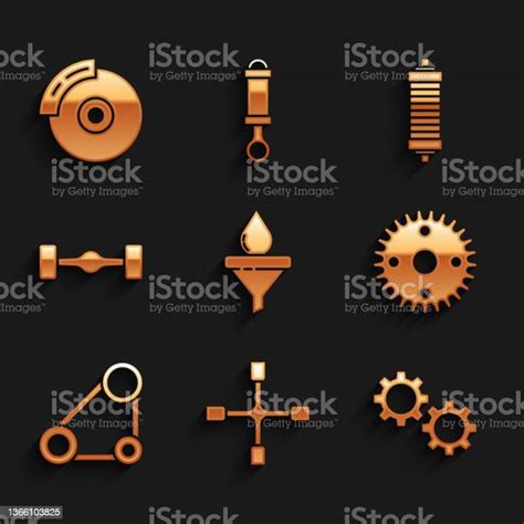 깔때기와 오일 드롭 휠 렌치 기어 타이밍 벨트 키트 섀시 자동차 충격 흡수기 및 캘리퍼 아이콘이있는 자동차 브레이크 디스크를 설정합니다 벡터 검은색에 대한 스톡 벡터 아트