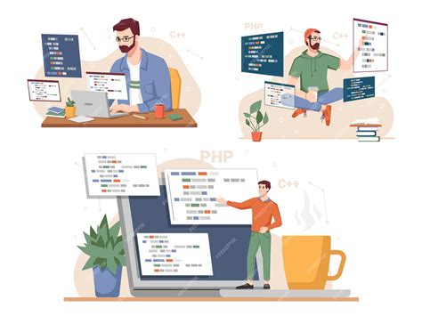 Premium Vector Man Programming And Coding Laptops And Gadget