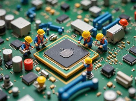 Tiny People In Safety Gear Repair And Inspect A Central Microchip On A Electronics Circuit Board