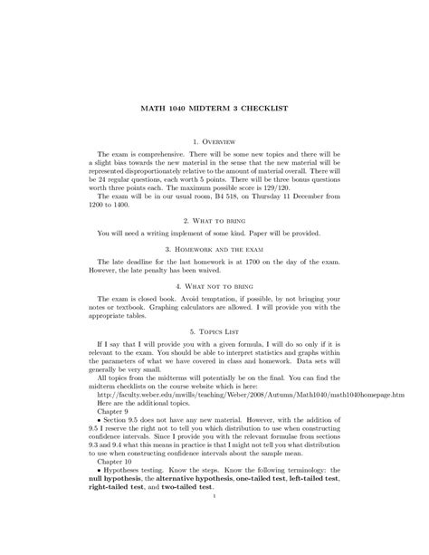 Midterm 3 Checklist Ql Introduction To Statistics Math 1040 Docsity
