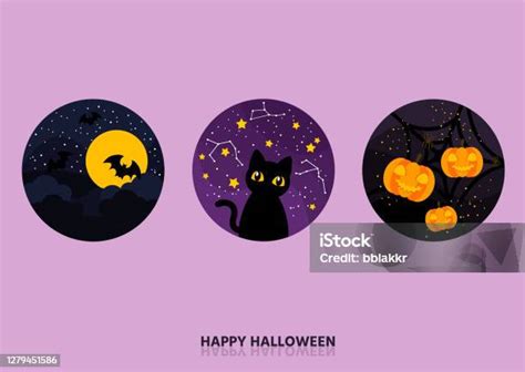 어두운 밤에 달 검은 고양이와 숲에서 유령 호박에 비행 귀여운 할로윈 원형 로고 배너 박쥐 할로윈에 대한 스톡 벡터 아트 및
