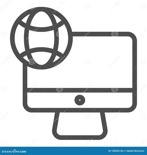 Internet On Desktop Line Icon Computer With Planet Vector Illustration Isolated On White Stock