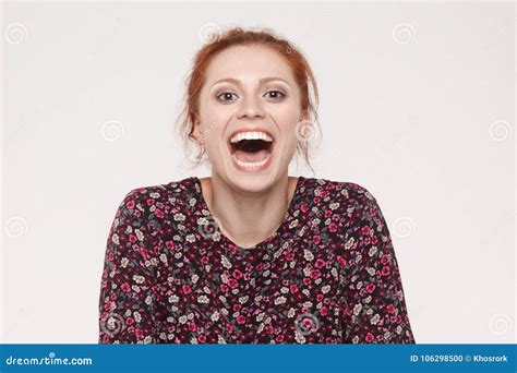 Showing Teeth Beautiful Redhead Woman Open Mouth And Showing White And Healthy Teeth Stock