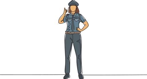 Single Continuous Line Drawing Woman Pilot Stands With A Thumbs Up Gesture And Uniform Serves