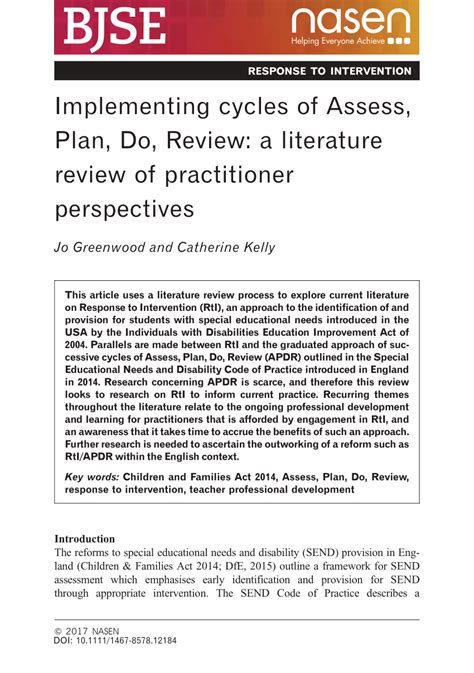 Pdf Implementing Cycles Of Assess Plan Do Review A Literature