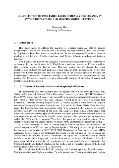 Pdf L 2 Acquisition Of Case Particles In Korean A Discrepancy In Syntactic Features And