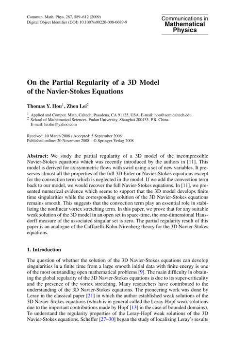 Pdf On The Partial Regularity Of A 3d Model Of The Navier Stokes Equations