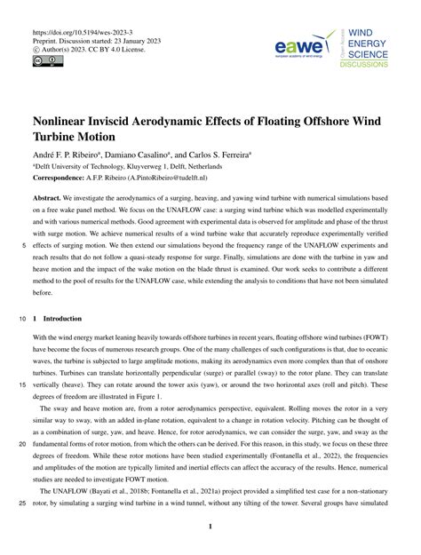 Pdf Nonlinear Inviscid Aerodynamic Effects Of Floating Offshore Wind Turbine Motion