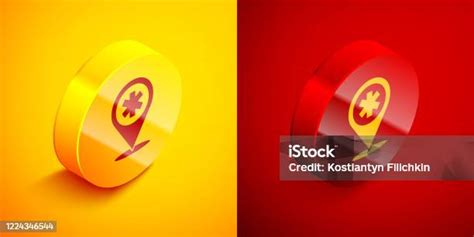 주황색과 빨간색 배경에 격리 된 교차 병원 아이콘이있는 등각 측정 의료지도 포인터 원 버튼 벡터 일러스트레이션 3차원 형태에 대한 스톡 벡터 아트 및 기타 이미지 Istock