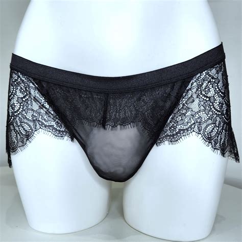 Men Crossdresser Black Lace Thong Panties Sissy Lingerie Lacy Larger
