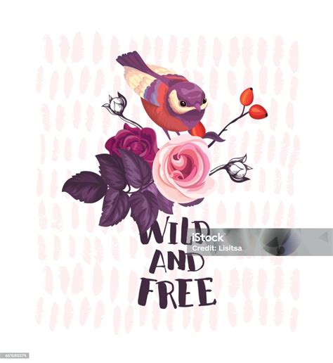 분홍색 배경에 대 한 붓글씨 글꼴로 작성 된 야생 장미와 야생 및 무료 문구와 함께 부시 위에 앉아 작은 새 여름 꽃입니다 벡터 일러스트 레이 션 엽서 T 셔츠 인쇄 계절에