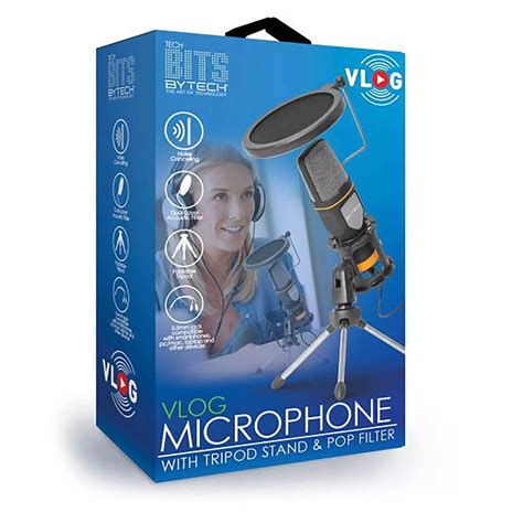 Bytech Tech Bits Vlog Microphone With Tripod Stand And Pop Filter Colour Black Rossy