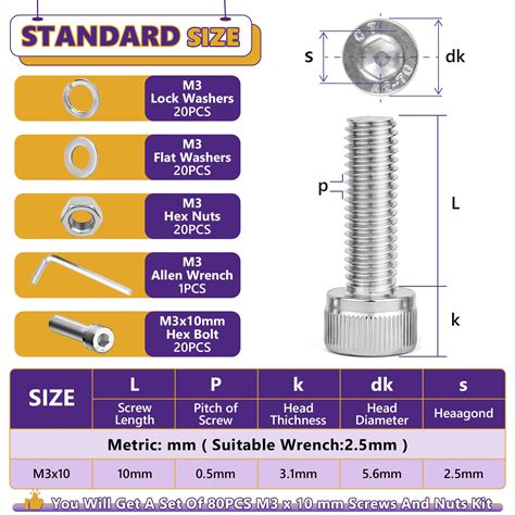 80pcs M3 Metric Screws Bolts And Nuts Assortment Kit M3