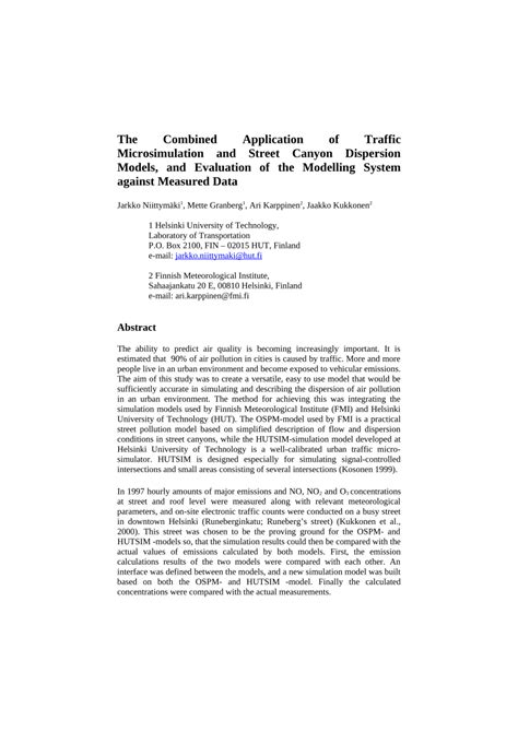 Pdf Combined Application Of Traffic Microsimulation And Street Canyon Dispersion Models And