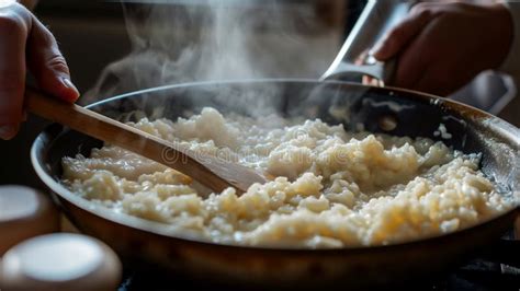 Close Up Detail Of Hand Stirring Risotto In A Pan With A Wooden Spoon