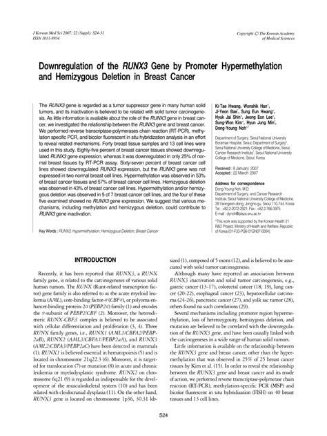Pdf Downregulation Of The Runx3 Gene By Promoter Hypermethylation And