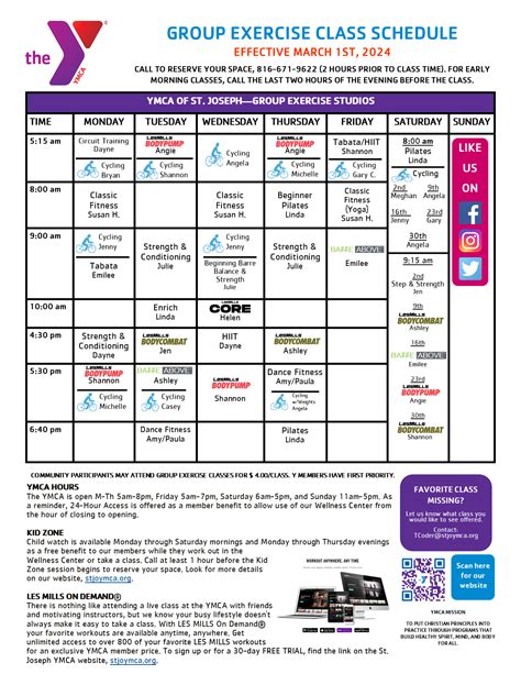 Group Exercise Class Schedule St Joseph Ymca