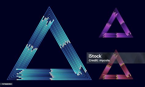 평행선과 그라데이션이있는 삼각형 검은 배경 위에 파란색 보라색 및 빨간색입니다 0명에 대한 스톡 벡터 아트 및 기타 이미지