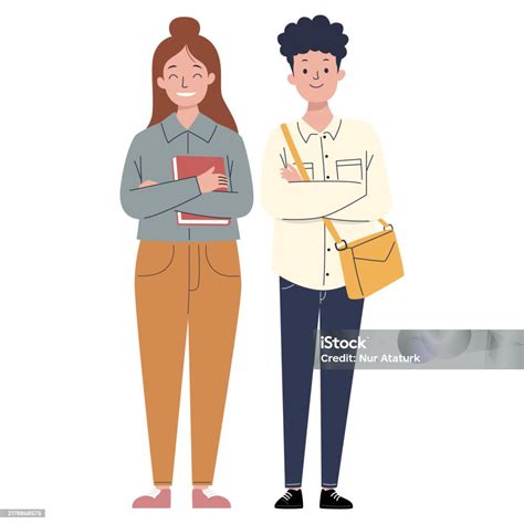 책과 가방을 들고 나란히 서 있는 두 명의 어린 학생 벡터 아트 일러스트 레이 션 등장인물에 대한 스톡 벡터 아트 및 기타 이미지 등장인물 벡터 소녀 Istock