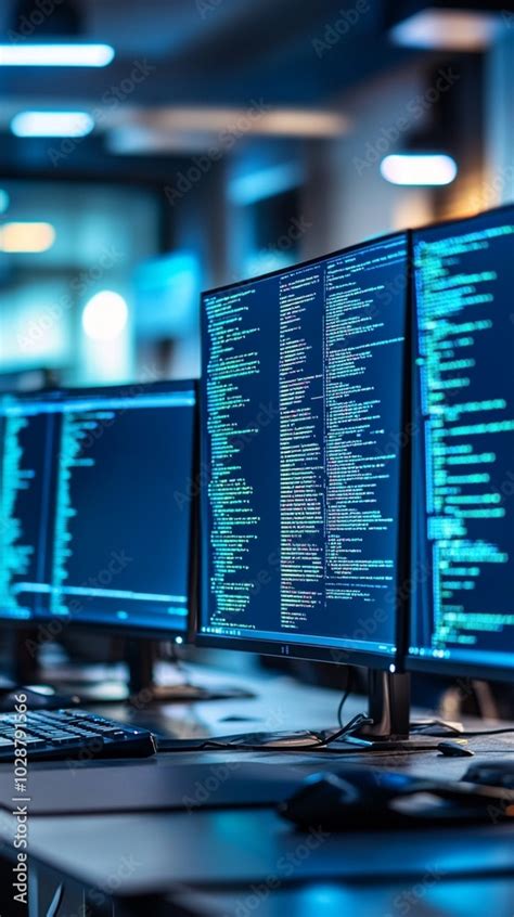 Multiple Computer Screens Displaying Lines Of Code In A Dimly Lit
