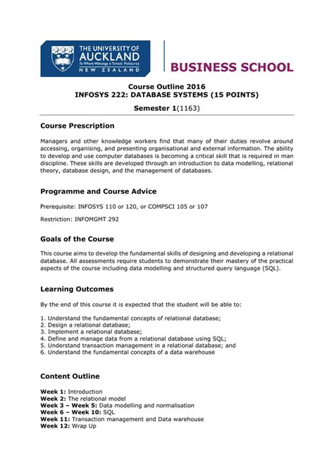 Course Outline 2016 INFOSYS 222 DATABASE SYSTEMS 15 POINTS Semester 1 Course Prescription