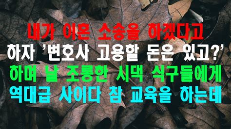 실화사연 내가 이혼 소송을 하겠다고 하자 변호사 고용할 돈은 있고 하며 날 조롱한 시댁 식구들에게 역대급 사이다 참 교육을 하는데 Youtube