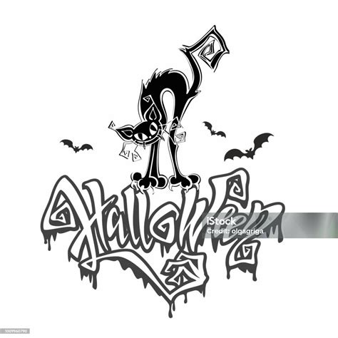 할로윈입니다 모든 성인의 날의 축제에 대 한 색칠 하는 쾌활 한 엽서 불길 한 흐르는와 마법의 글자 아래로 떨어진다 재미 있는 만화 검은 고양이 괴물 박쥐입니다 벡터입니다