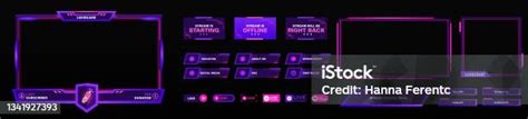 트위치 스크린 패널의 현대적인 테마 게임 스트리밍을 위한 오버레이 프레임 세트 디자인 템플릿입니다 벡터 바이올렛과 핑크 미래 지향적 디자인 액자에 대한 스톡 벡터 아트 및