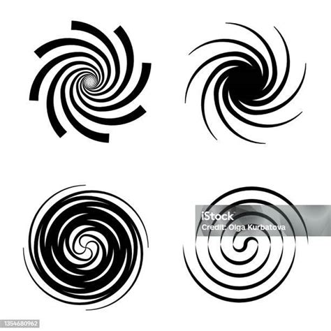 나선 원형 파도 요소 환각 최면 기호 추상 트위스트 소용돌이 곡선 모양 Pictogram 창조적 인 둥근 로고 또는 라벨검은 실루엣 벡터 격리 아이콘 세트 속도에 대한 스톡